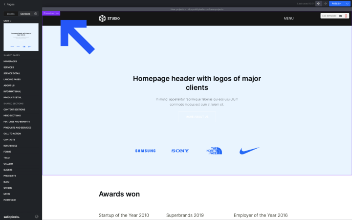 Creating and structuring content using sections | solidpixels academy