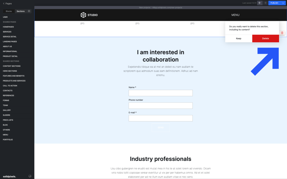 Creating and structuring content using sections | solidpixels academy